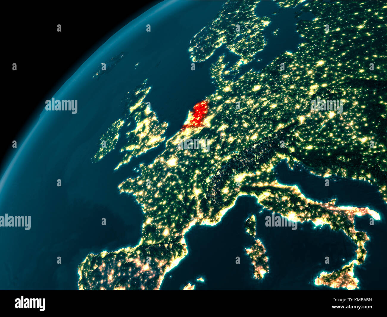 Night map of Netherlands as seen from space on planet Earth. 3D ...