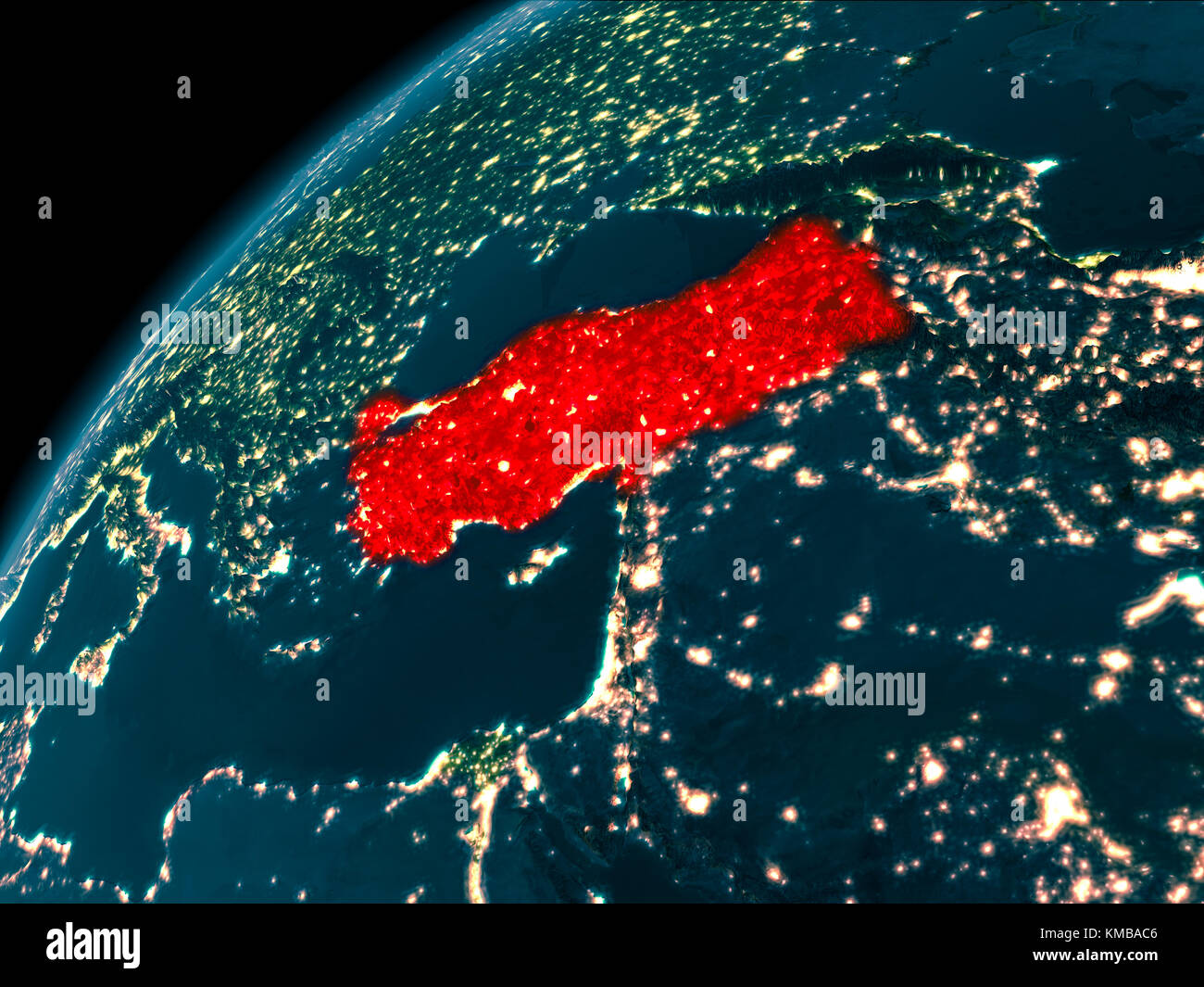 Night map of Turkey as seen from space on planet Earth. 3D illustration ...