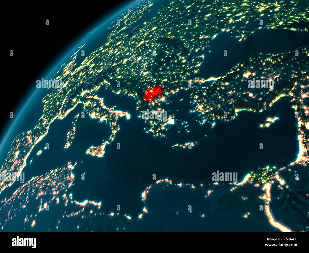 Night map of Macedonia as seen from space on planet Earth. 3D ...