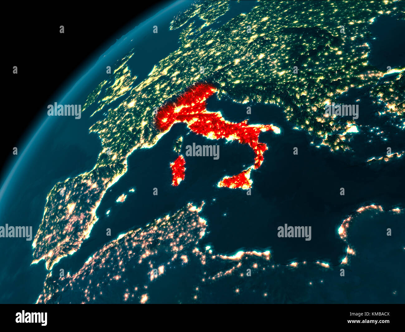 Night map of Italy as seen from space on planet Earth. 3D illustration ...
