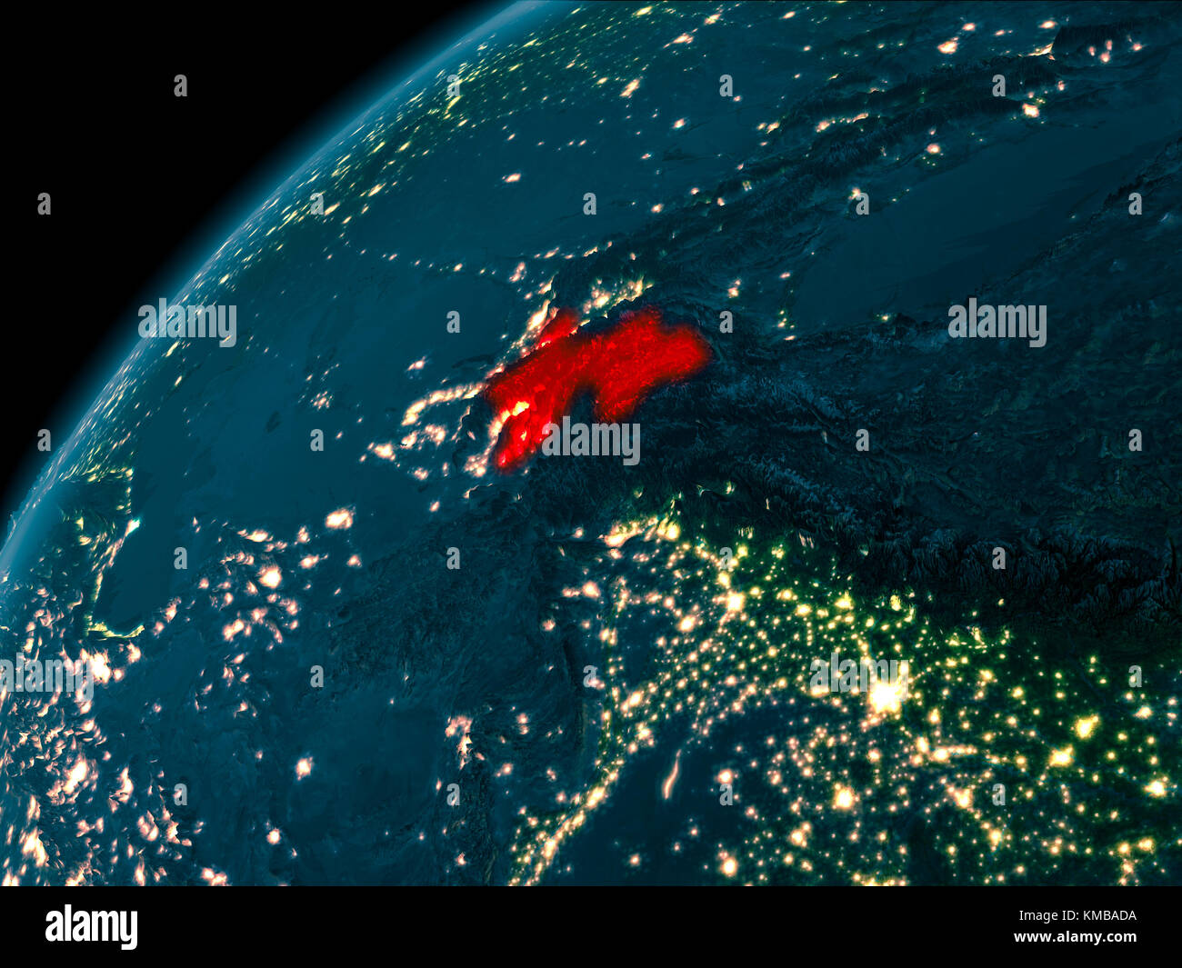 Night map of Tajikistan as seen from space on planet Earth. 3D ...