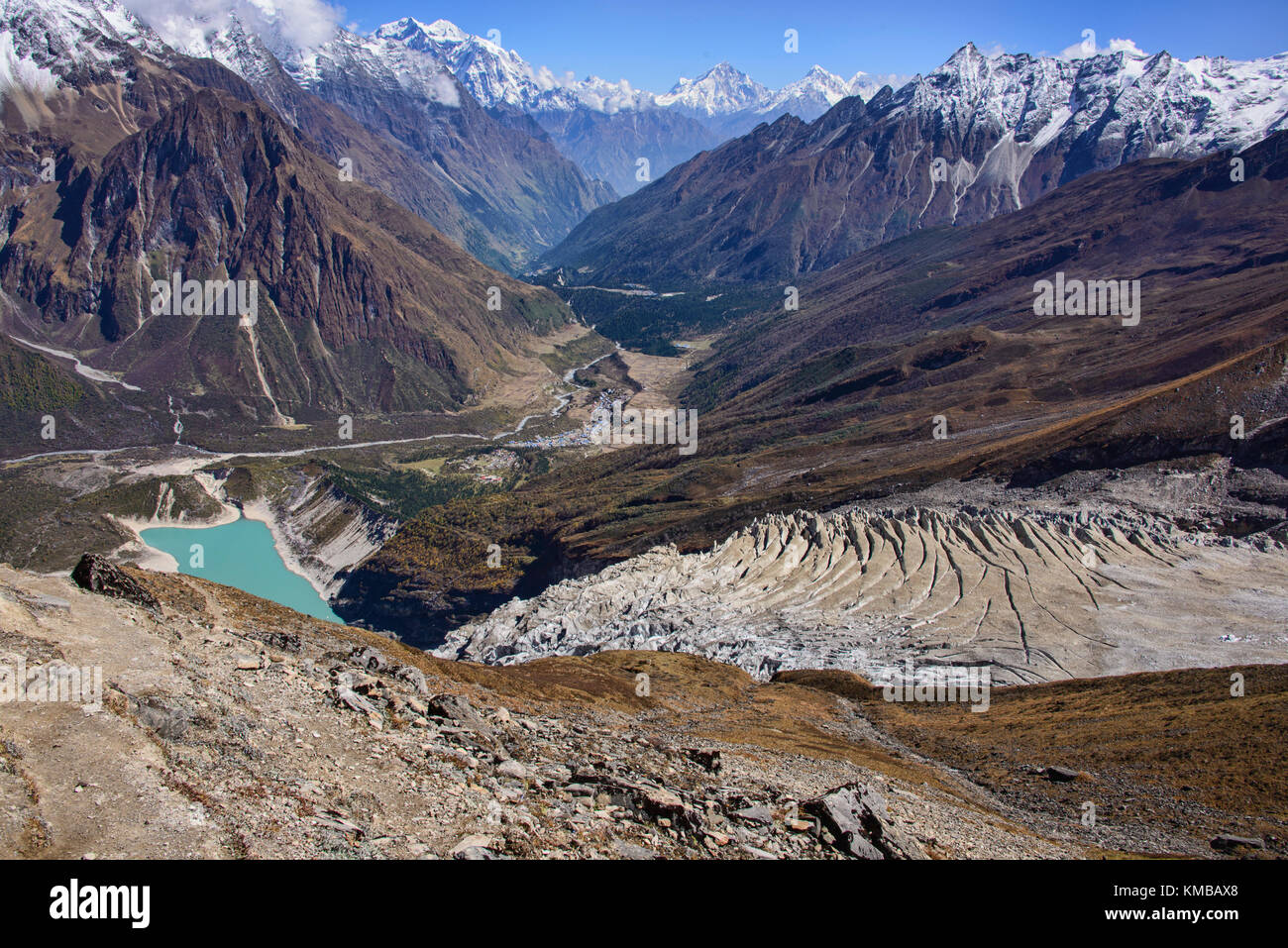Emerald Birendra Tal holy lake under the Manaslu Glacier, Samagaon ...