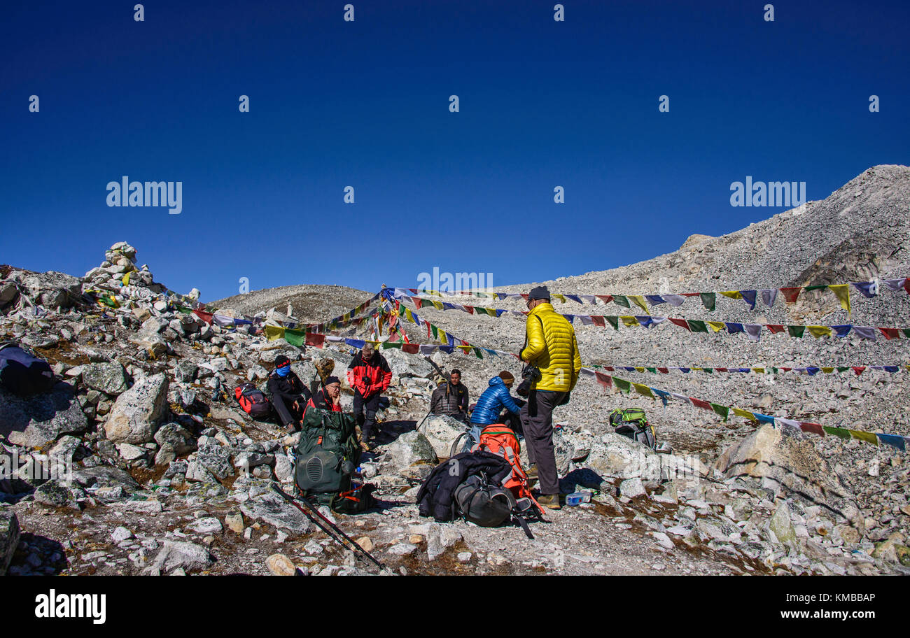 On top of the Larkya La Pass, Manaslu Circuit Trek, Nepal Stock Photo ...