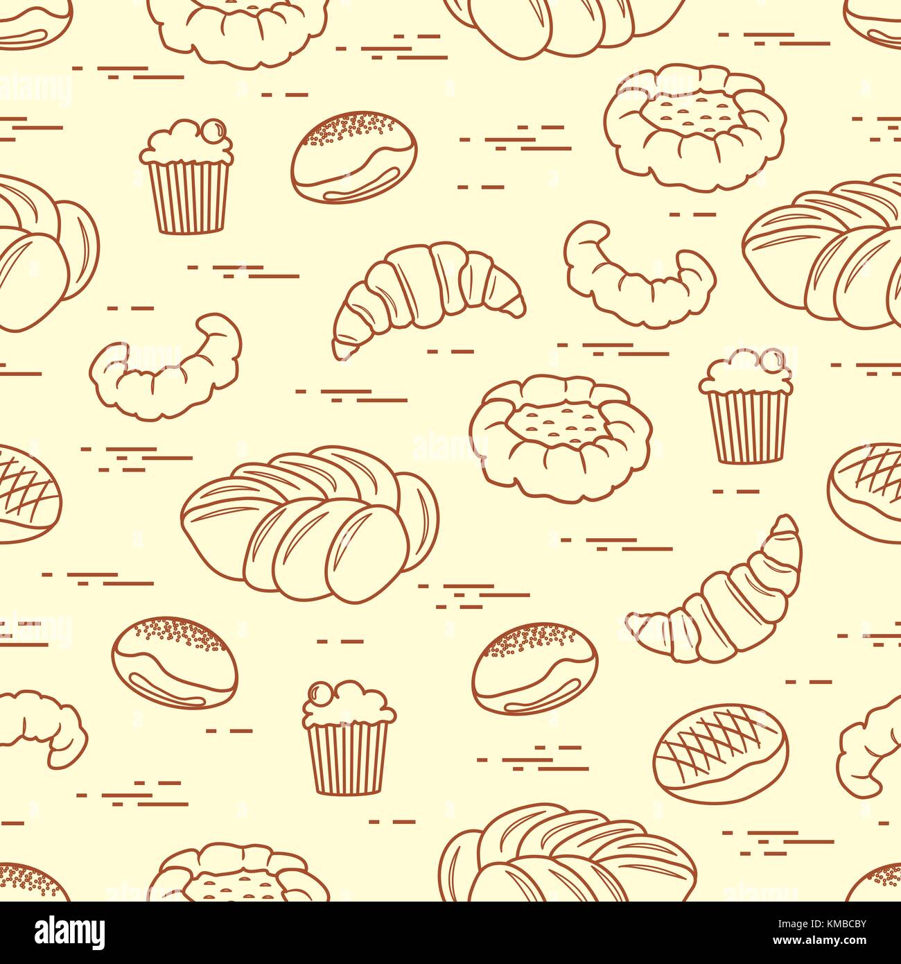 Pattern of different bakery products (bun, cheesecake, cupcake ...