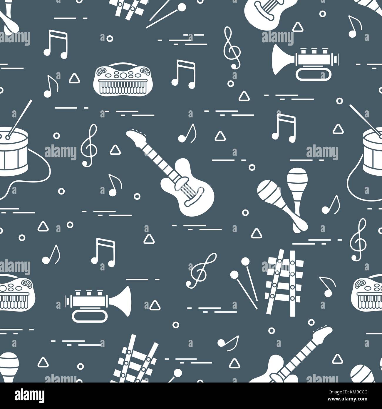 Vector pattern of sheet music and different musical toys: guitar, drum ...