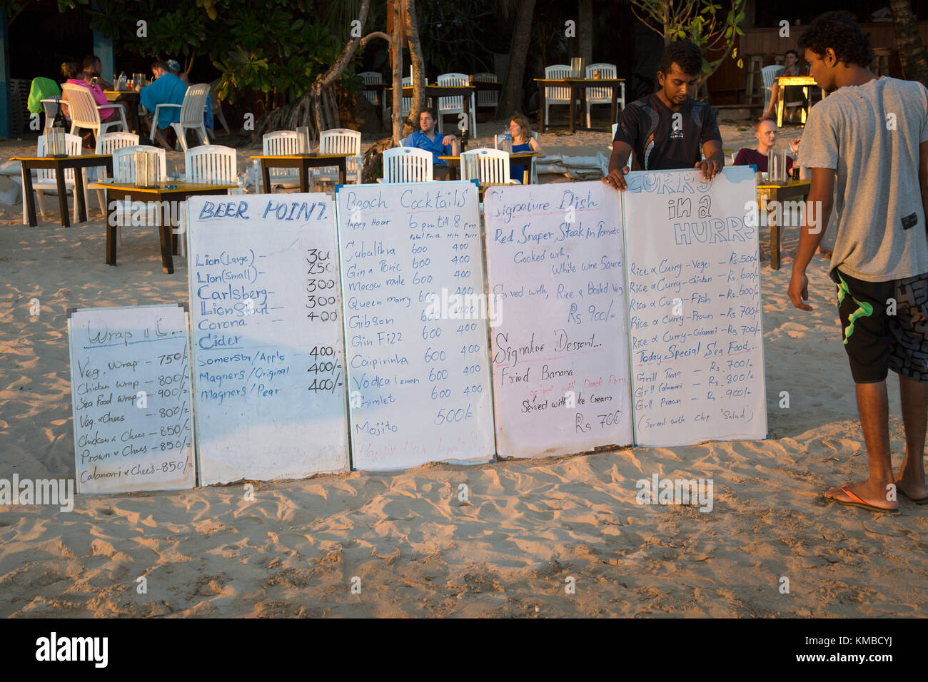 Menu boards for beach bar restaurant, Mirissa, Sri Lanka, Asia Stock ...