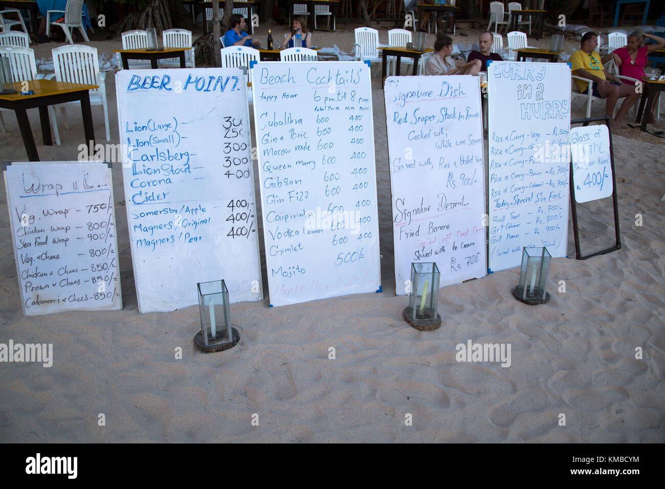 Menu boards for beach bar restaurant, Mirissa, Sri Lanka, Asia Stock ...
