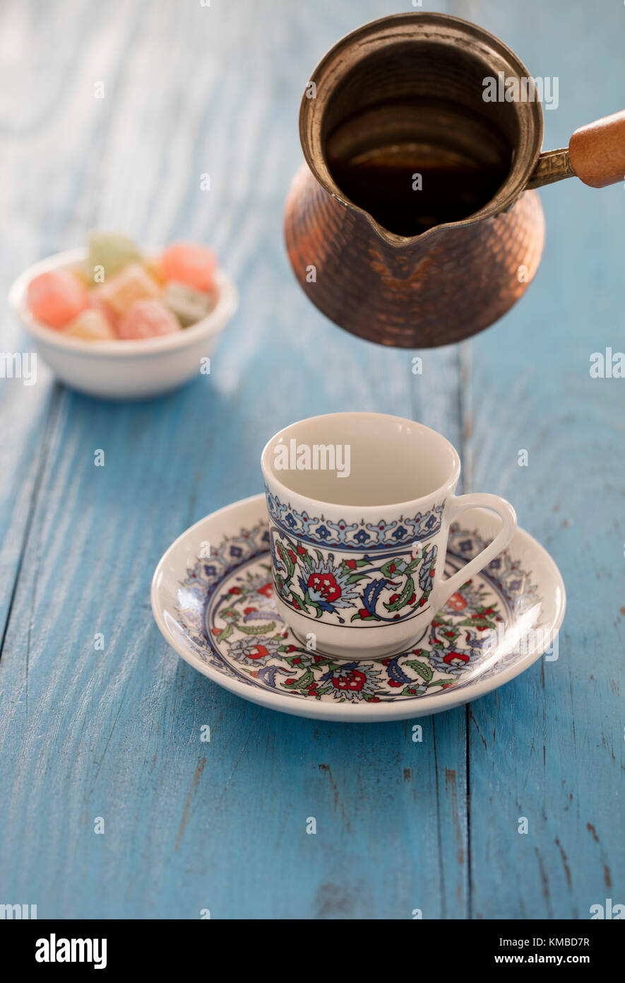 turkish coffee and turkish delights on wooden back ground Stock Photo ...