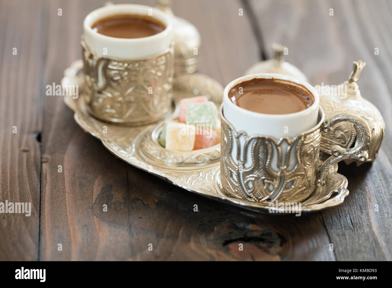 turkish coffee and turkish delights on wooden back ground Stock Photo ...