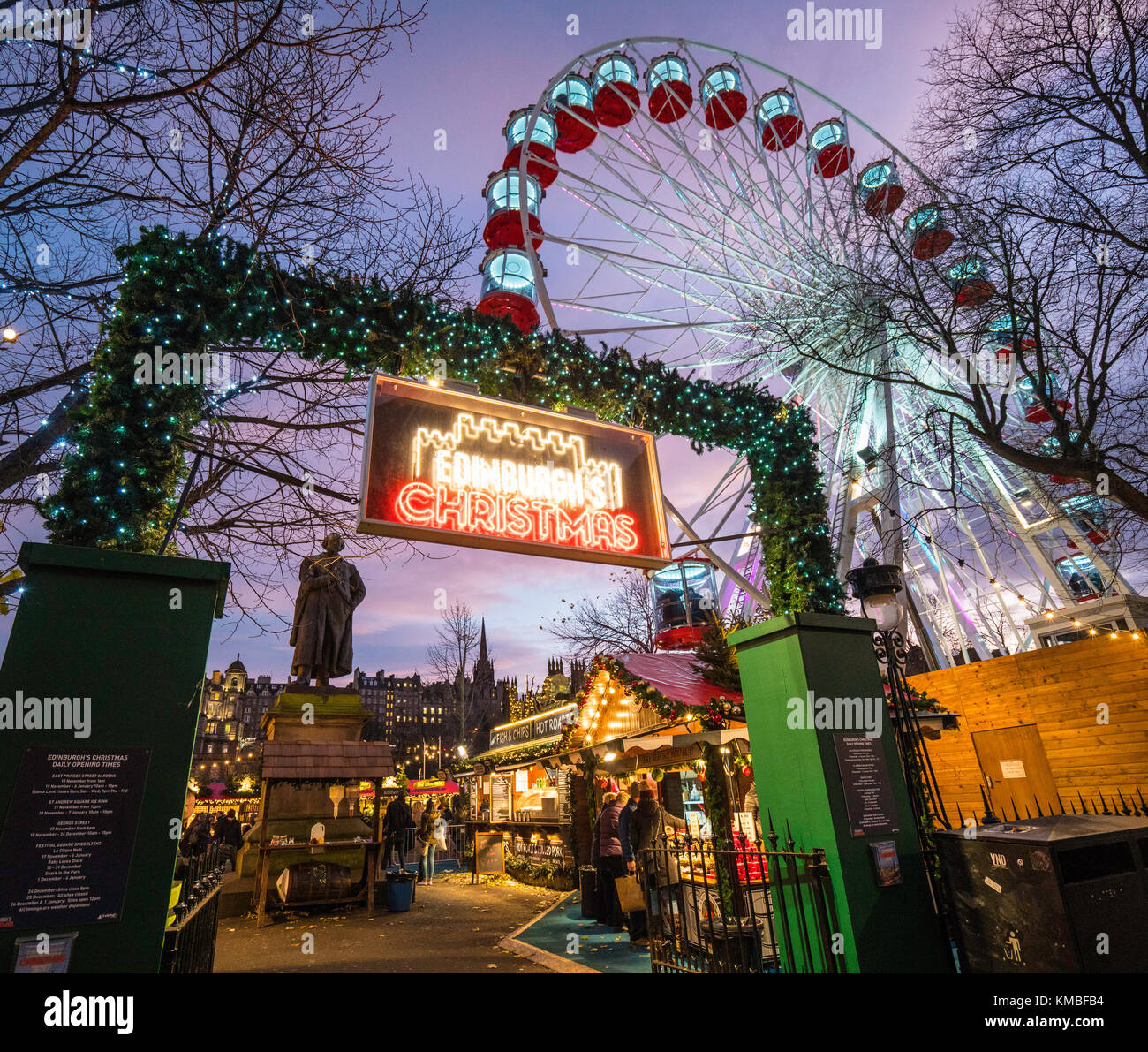 Evening view of funfair at annual Edinburgh Christmas Market in ...