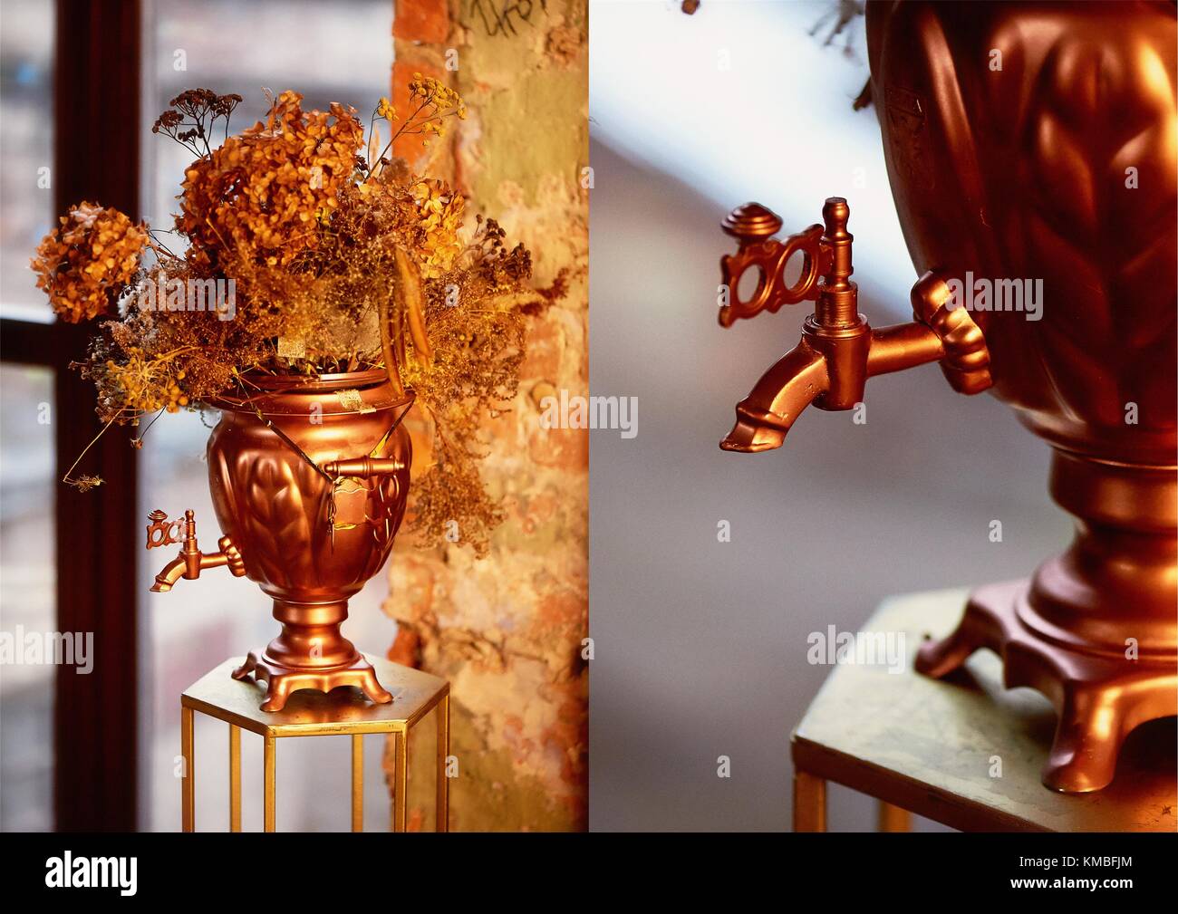Old copper samovar.Focus on the tap. Macro retro Stock Photo - Alamy
