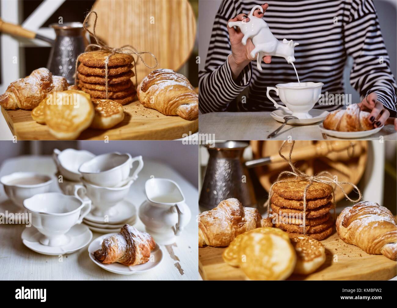 Charming French Breakfast white set and croissants, butter ...