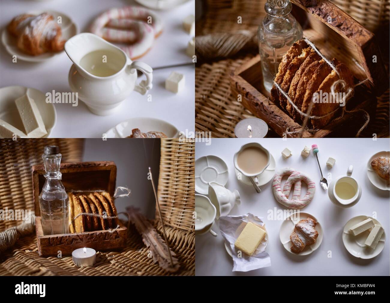 Charming French Breakfast white set and croissants, butter ...