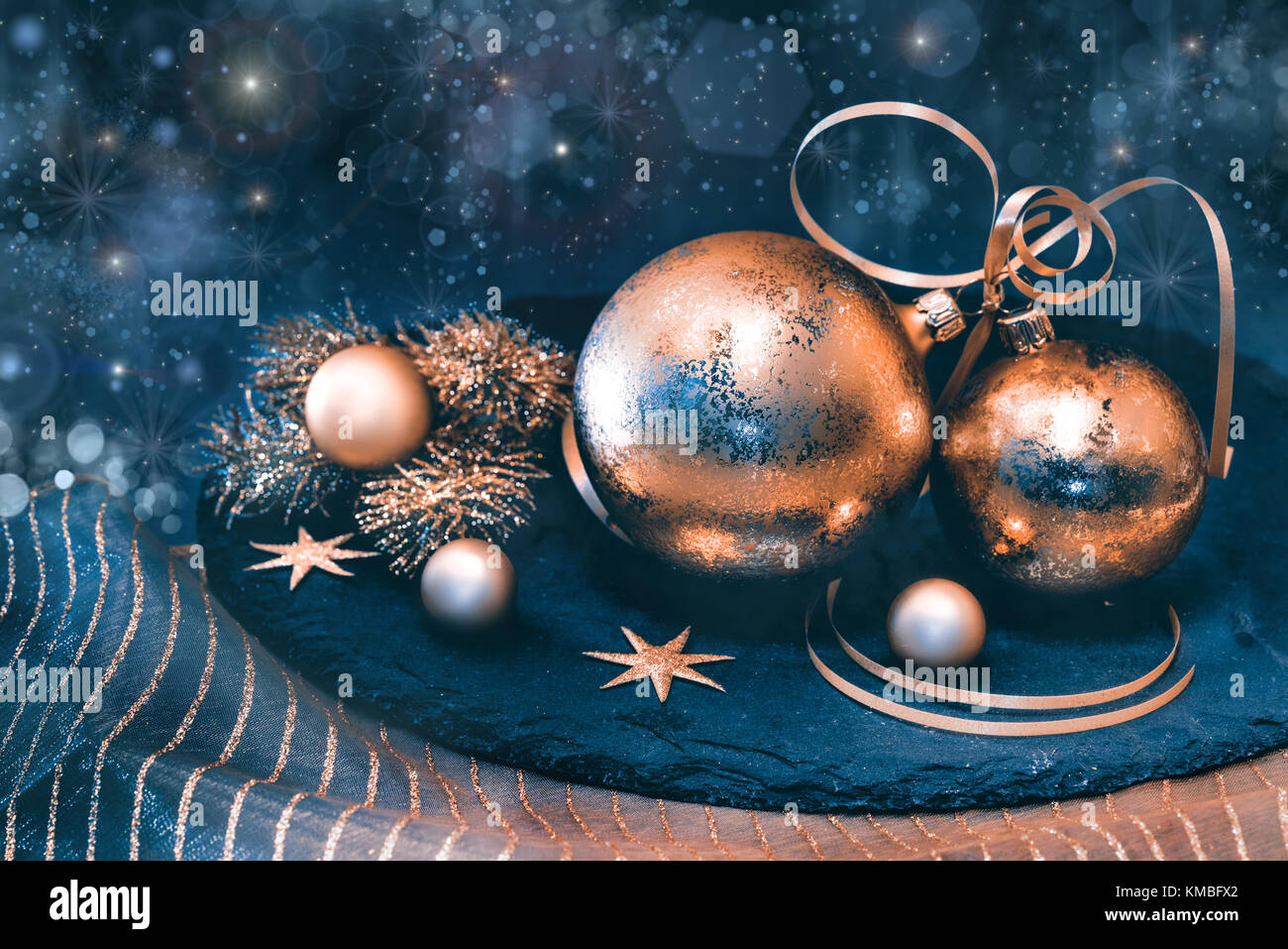 Golden Christmas decorations on dark abstract background Stock Photo ...