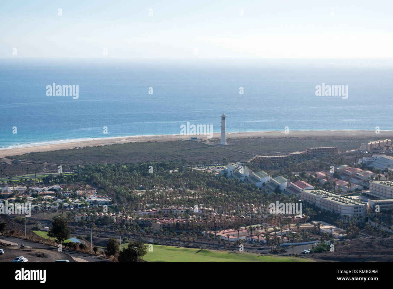 Morro Jable lighthouse, beach and town from above, Fuerteventura Stock ...