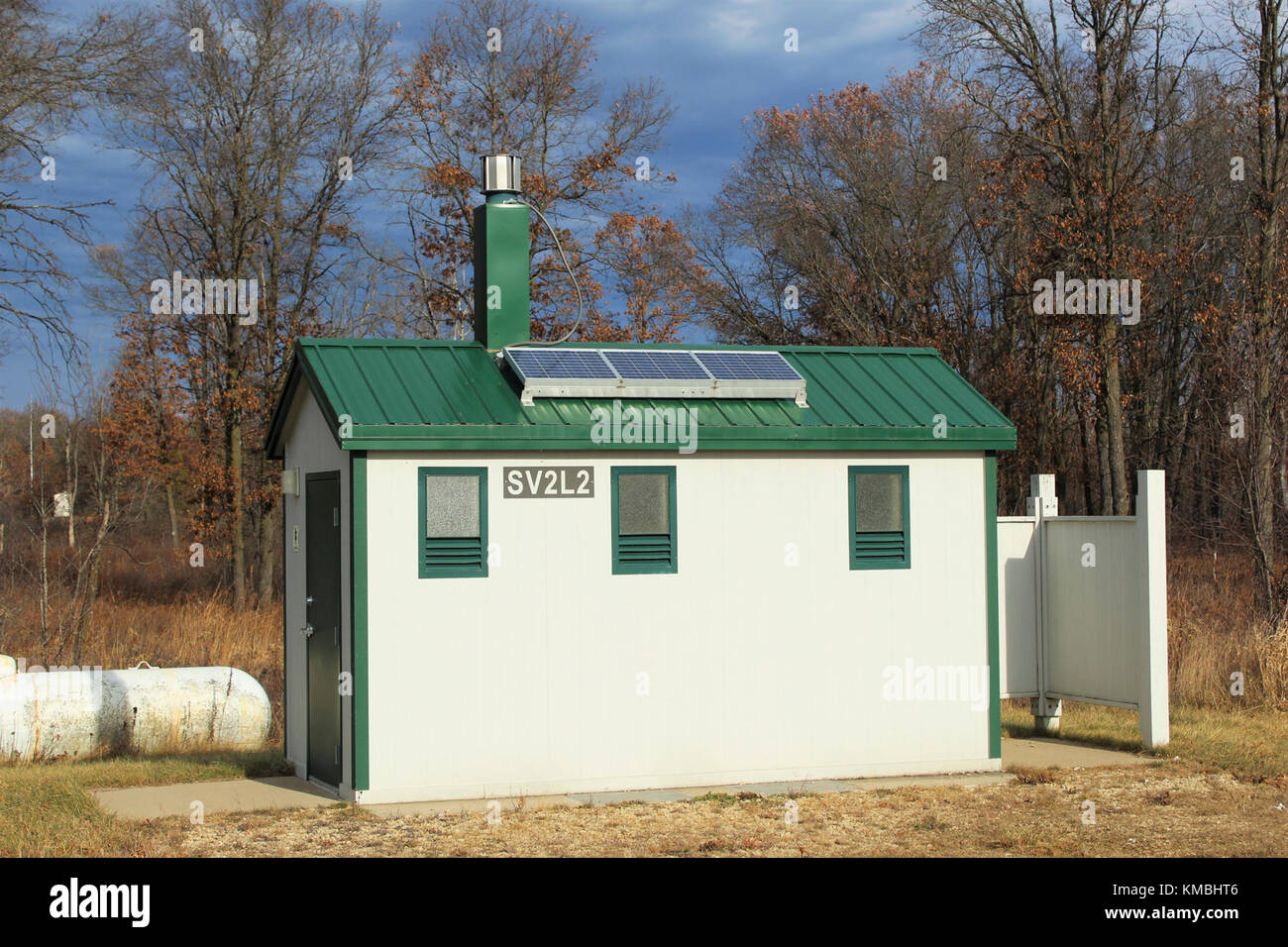 A latrine powered by solar energy is shown Nov. 28, 2017, on South Post ...