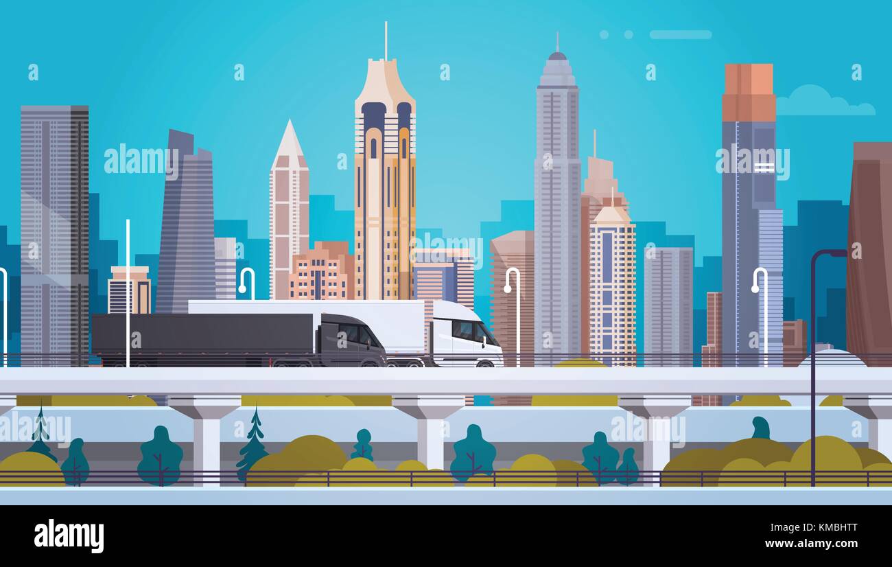 Modern City Landscape Background With Semi Truck Trailers Vehicles On ...