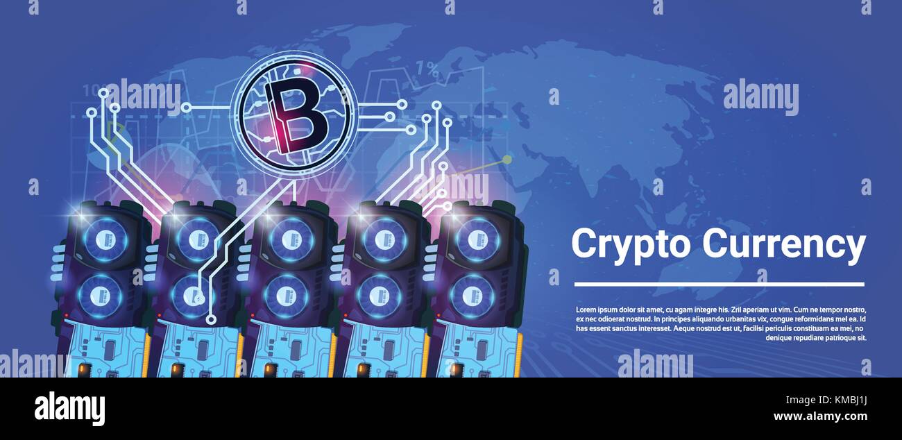Crypto Currency Bitcoin Mining Farming Horizontal Banner World Map Background Digital Web Money ...