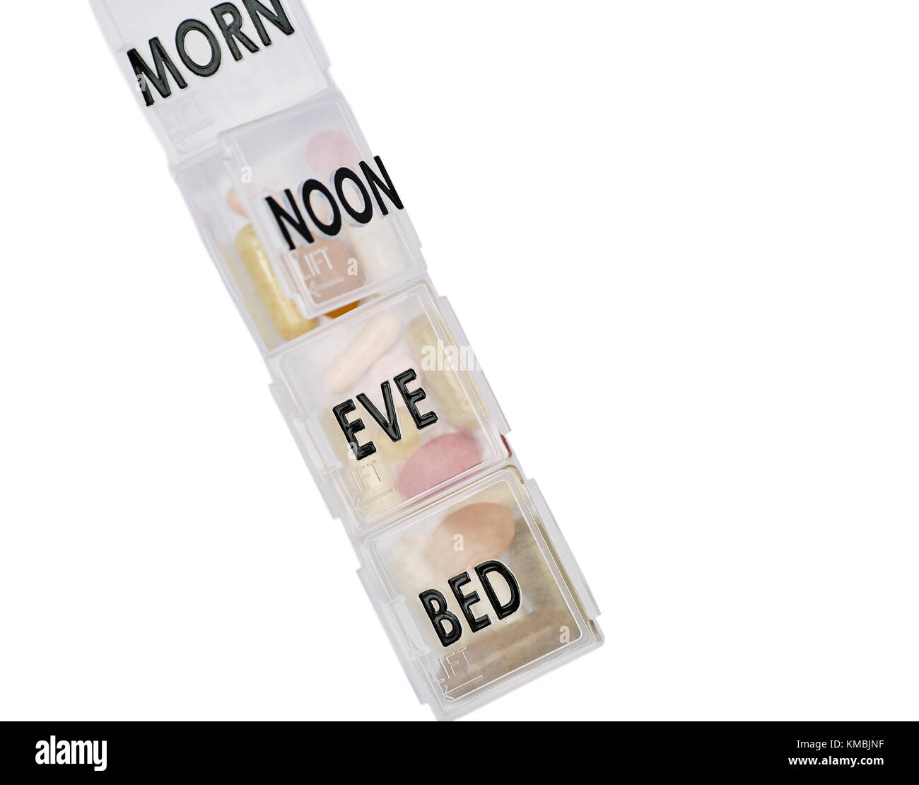 Pill box labeled morn, noon, eve, bed filled with nutritional ...
