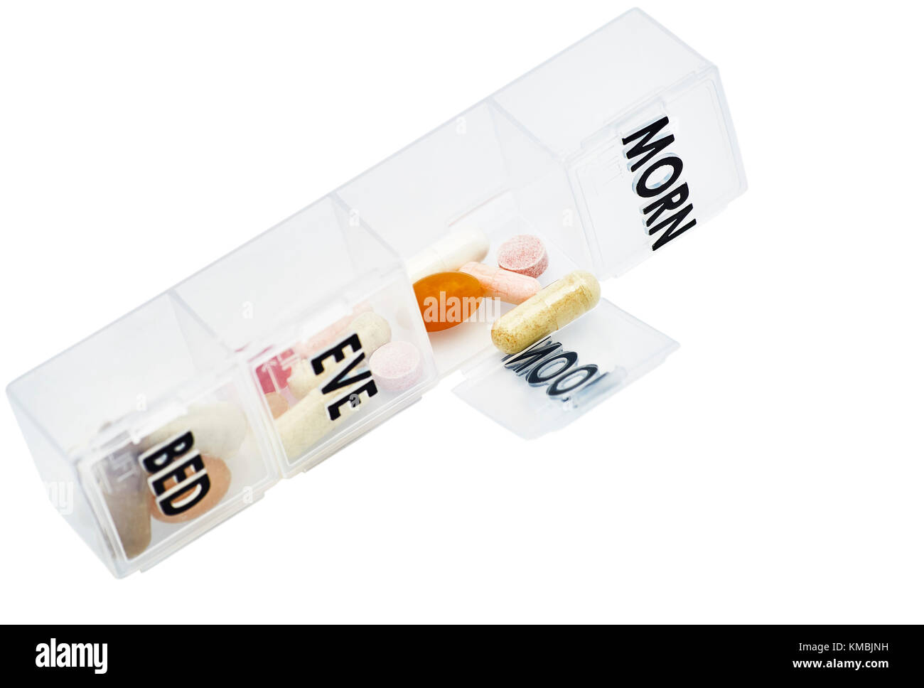 Pill box labeled morn, noon, eve, bed filled with nutritional ...