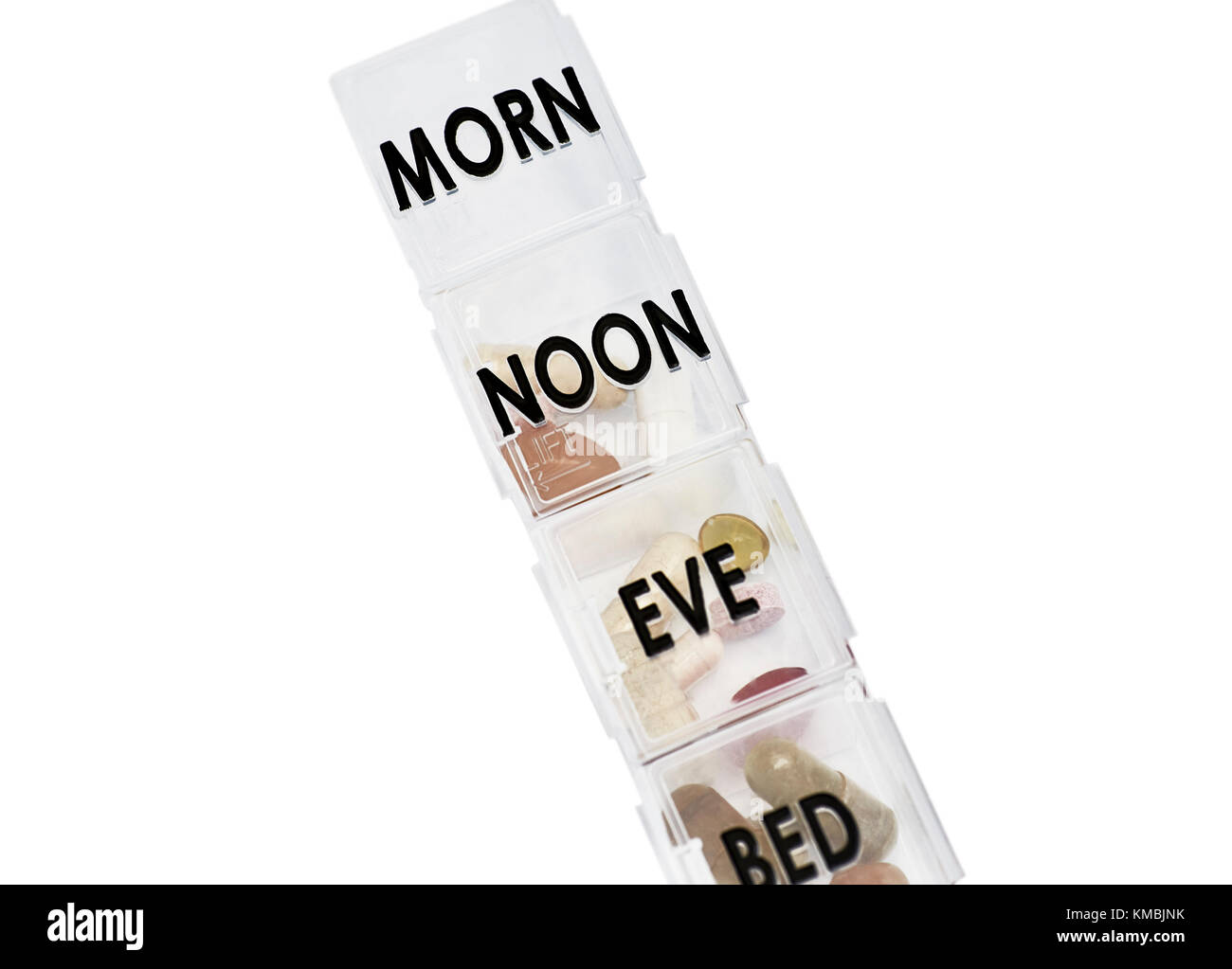 Pill box labeled morn, noon, eve, bed filled with nutritional ...