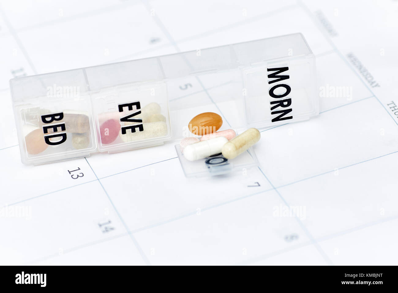 Pill box labeled morn, noon, eve, bed filled with nutritional ...