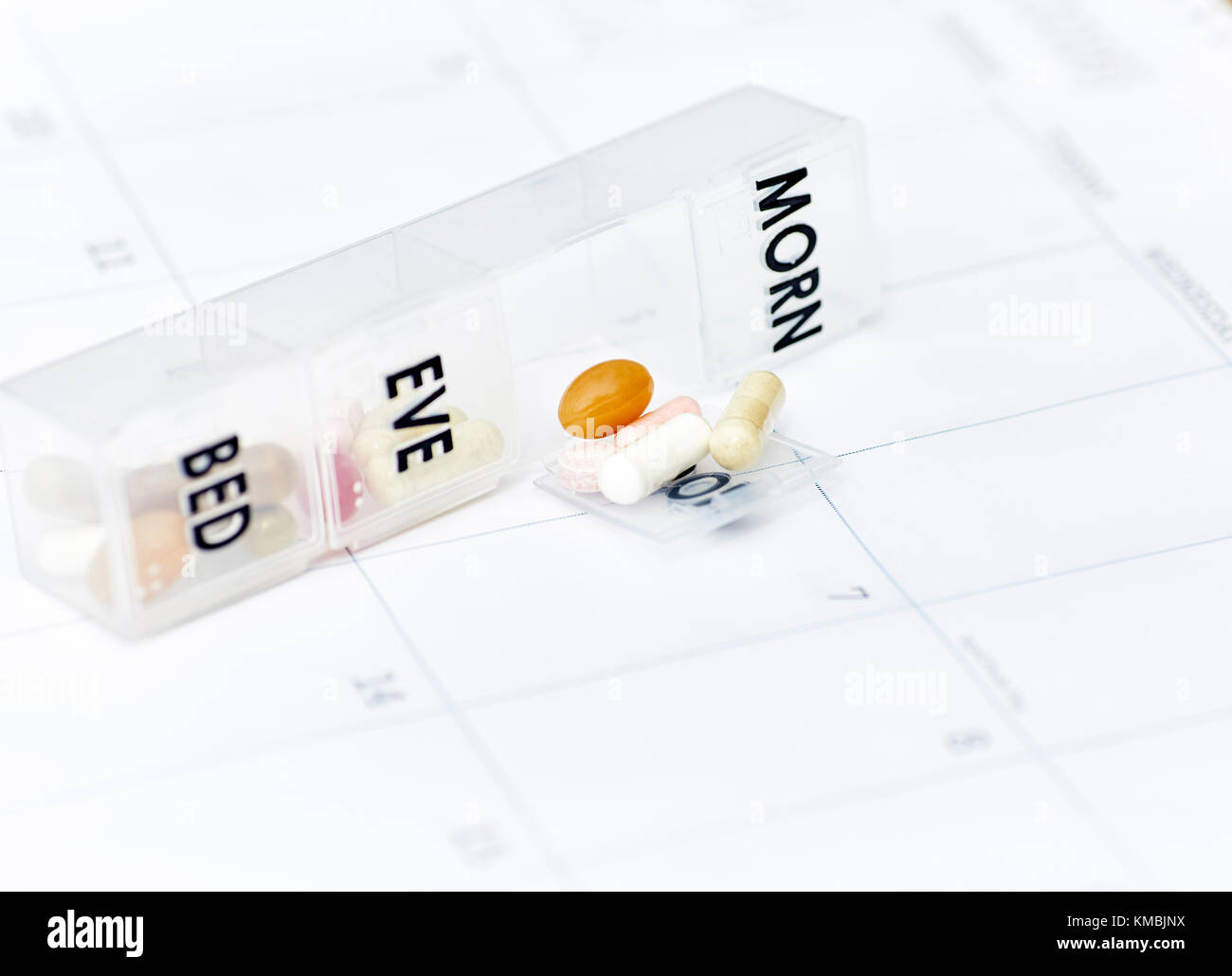 Pill box labeled morn, noon, eve, bed filled with nutritional ...
