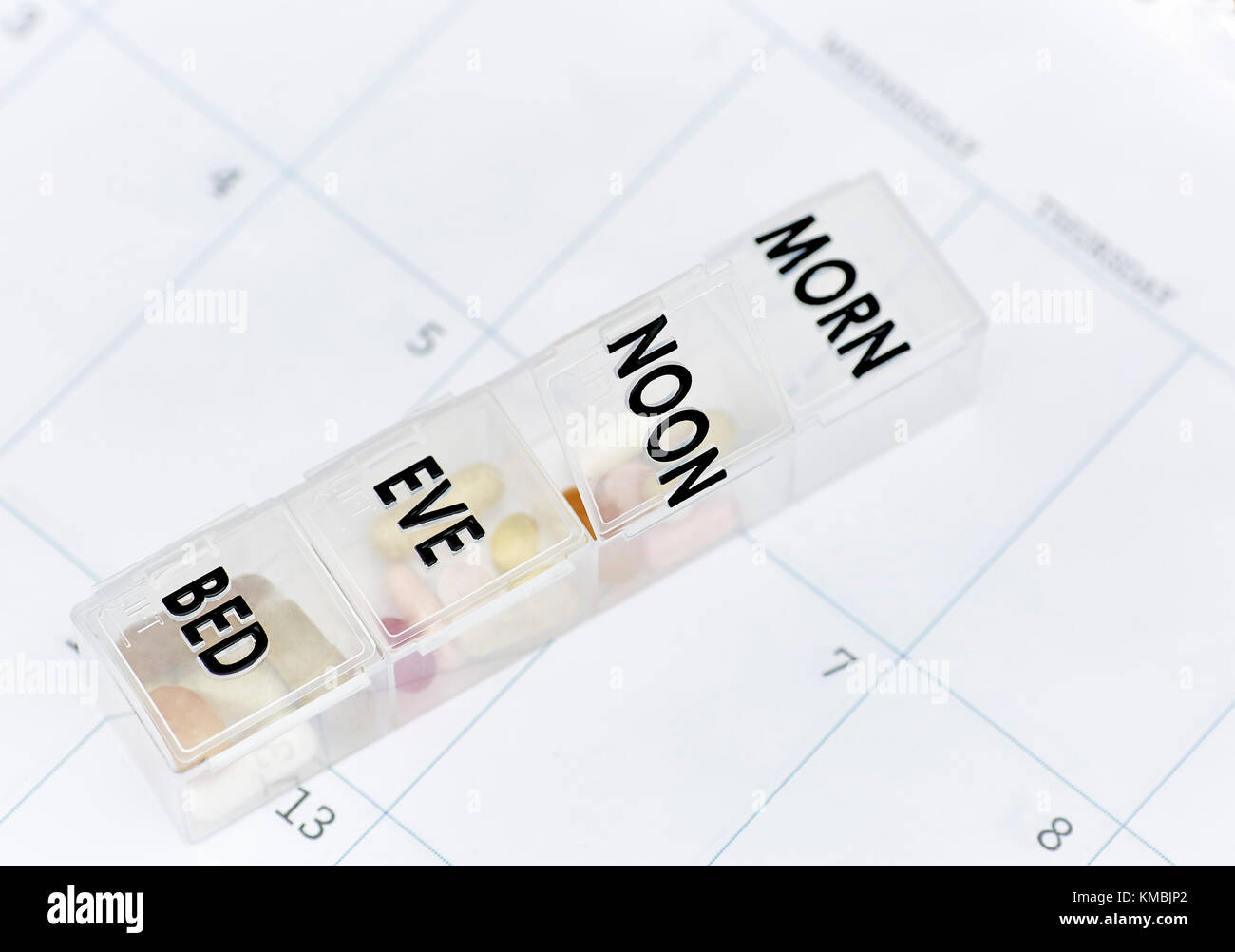 Pill box labeled morn, noon, eve, bed filled with nutritional ...