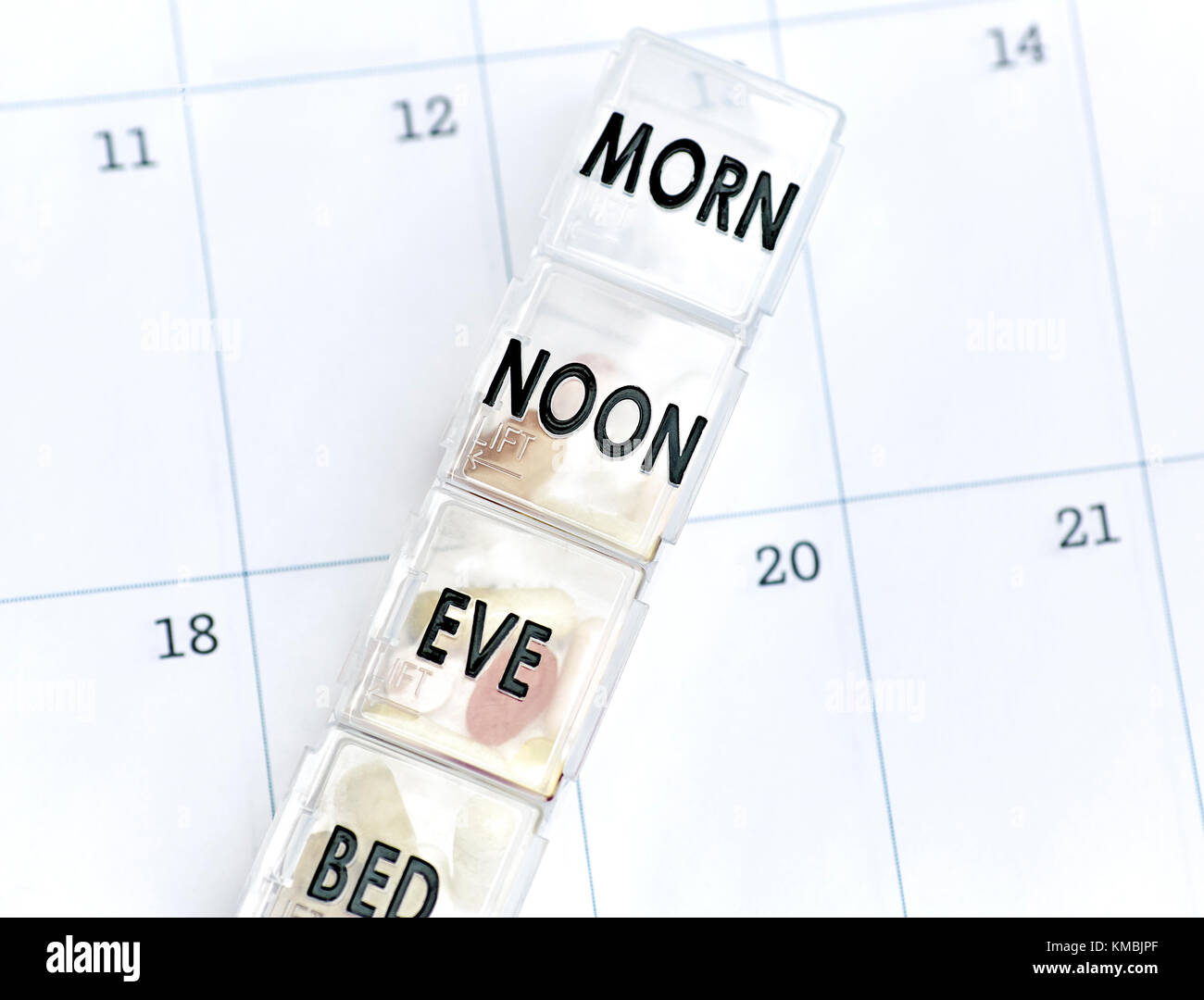 Pill box labeled morn, noon, eve, bed filled with nutritional ...