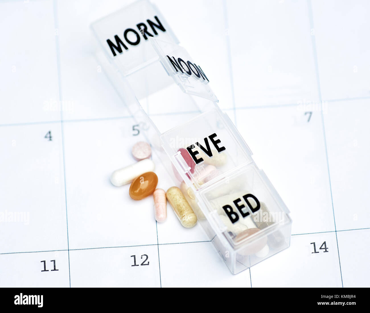 Pill box labeled morn, noon, eve, bed filled with nutritional ...