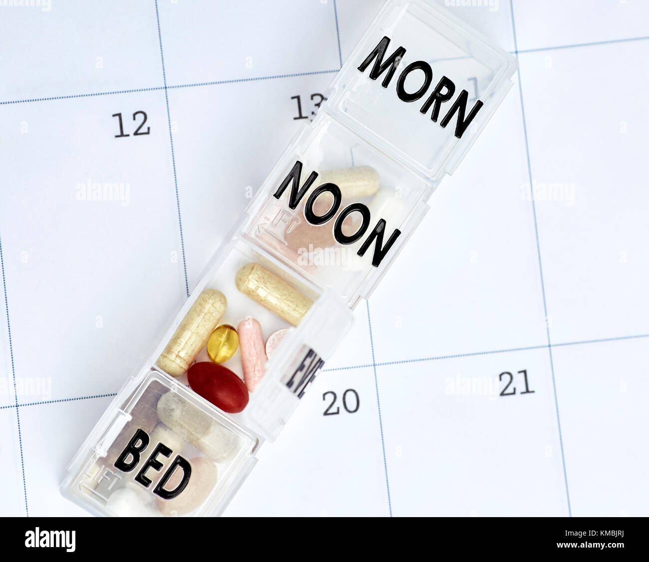 Pill box labeled morn, noon, eve, bed filled with nutritional ...
