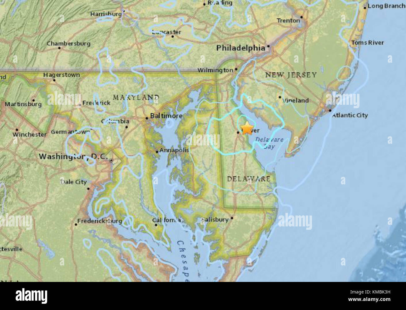 A map of Delaware and the surrounding areas where a magnitude 4.1 ...