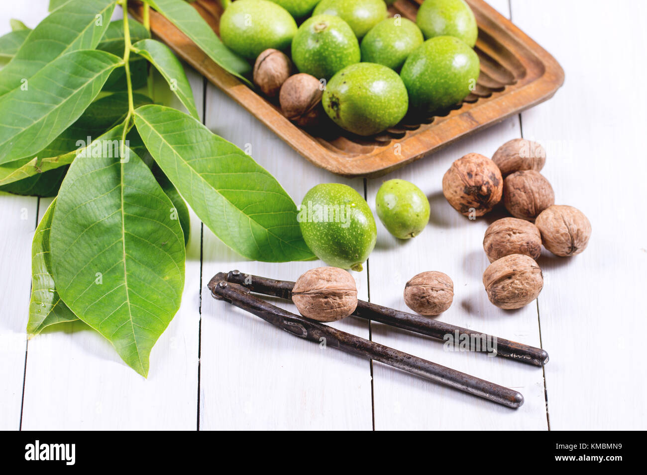 Young green and ripe walnuts in wooden plate and vintage nutcracker ...