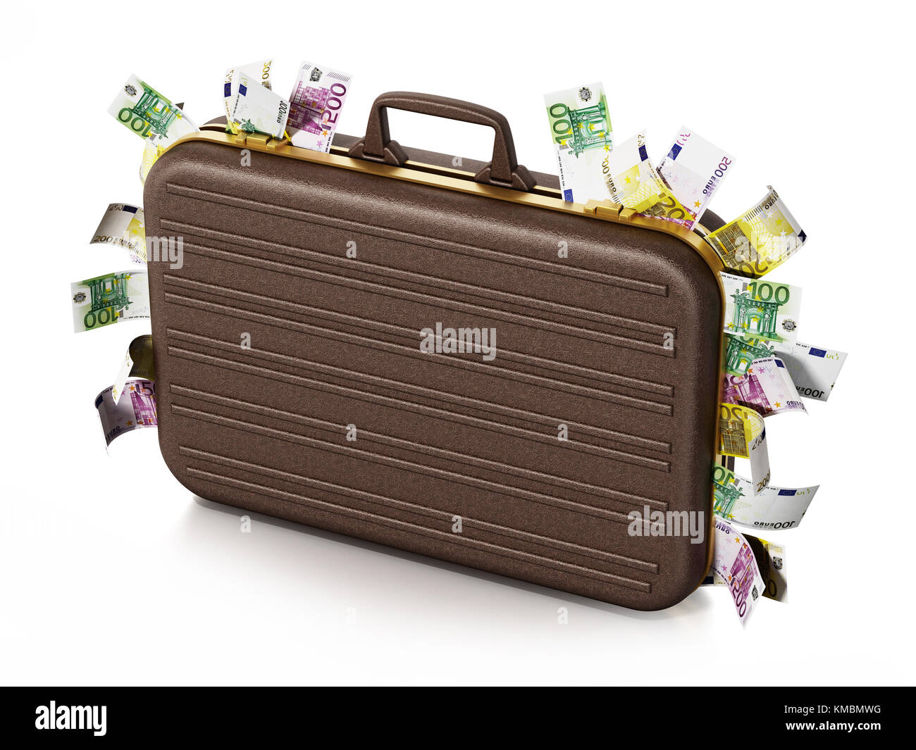 Euro piles inside briefcase isolated on white background. 3D ...