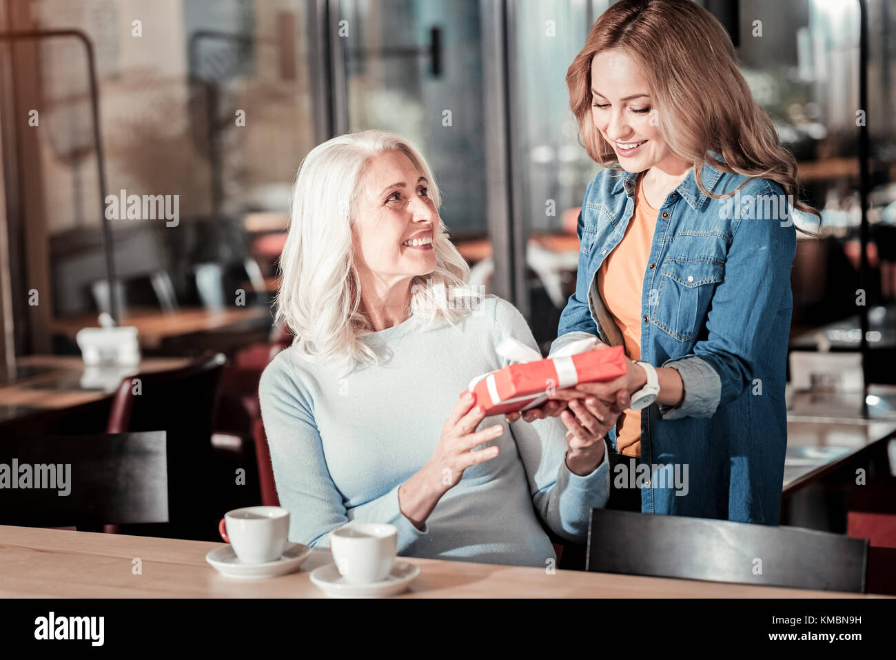 Kind attentive woman giving a present to her cheerful senior granny ...