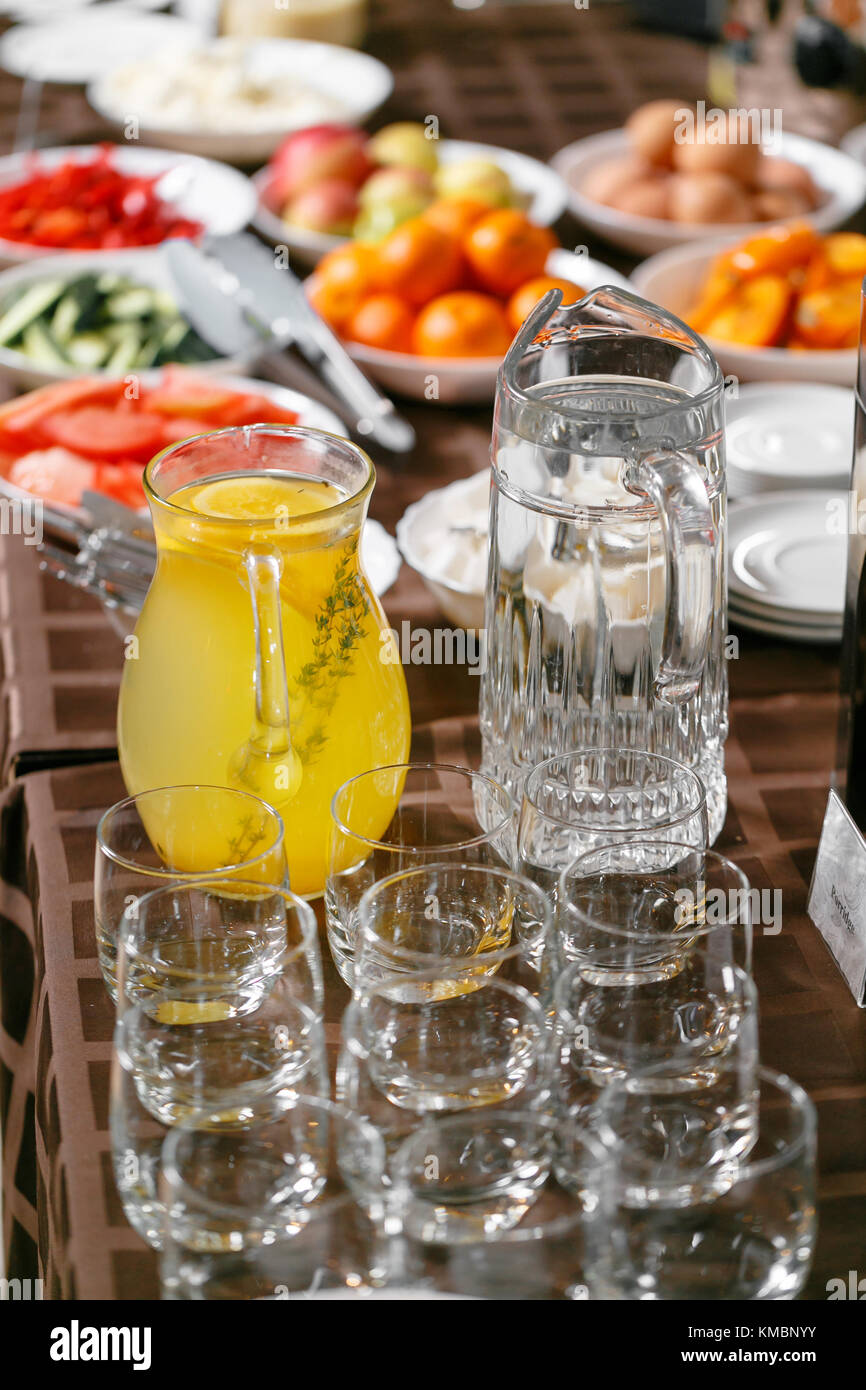 Fruit juice in the decanter. Morning hotel breakfast buffet. empty ...