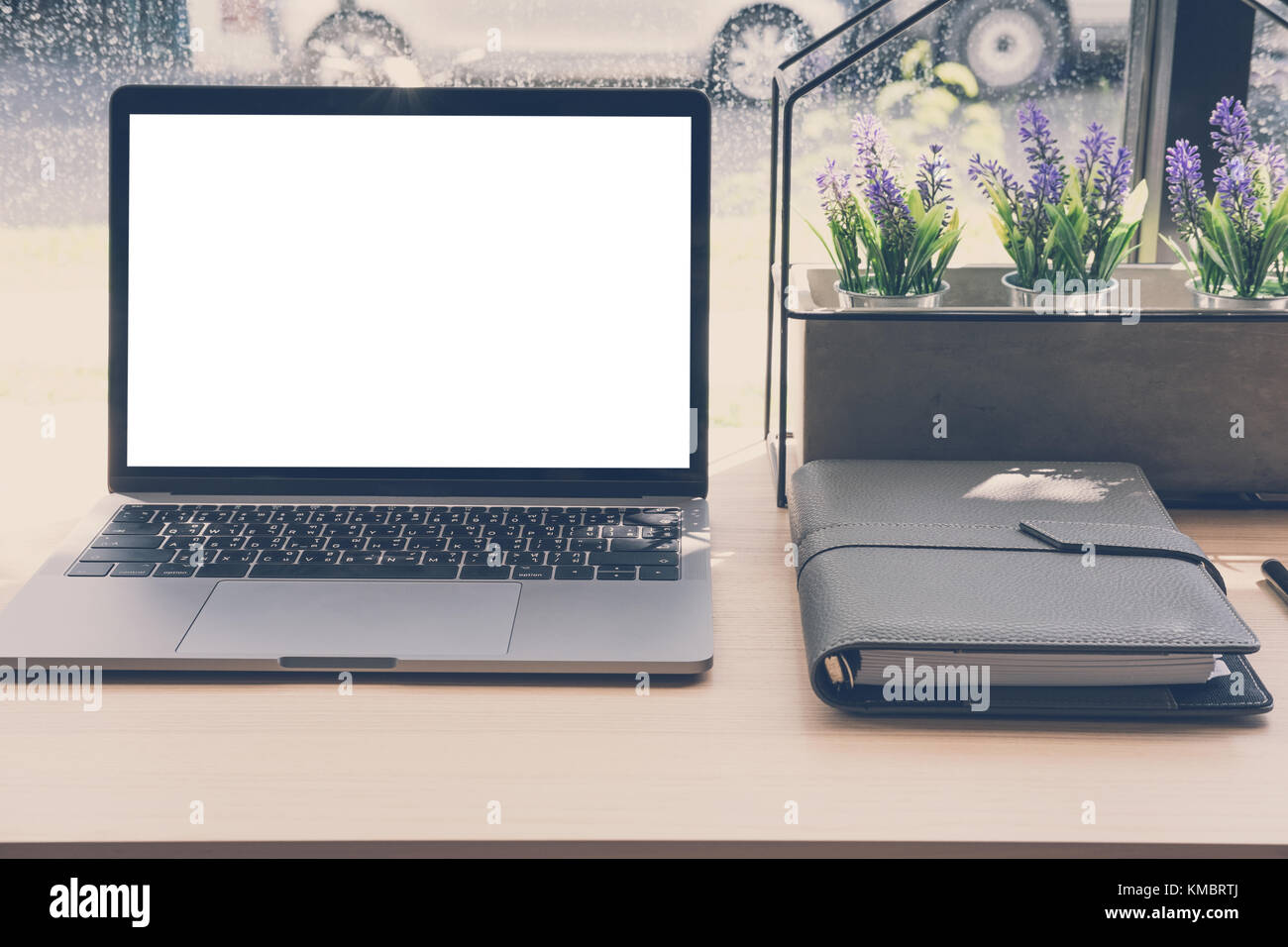 computer laptop, notebook on wood desk. laptop at office workplace ...