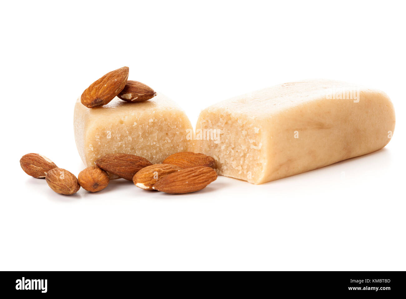 Marzipan bar with almonds isolated on white backgroundbar Stock Photo ...