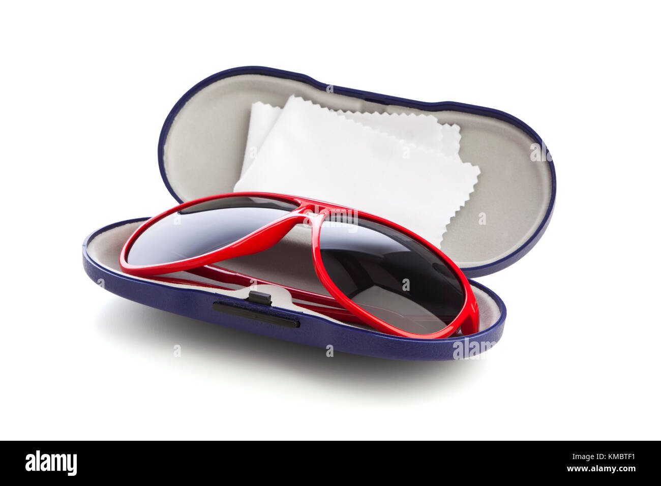 red sunglasses in blue case isolated on white Stock Photo - Alamy