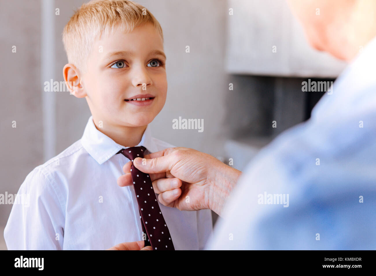 Delighted nice boy having his tie fixed Stock Photo - Alamy