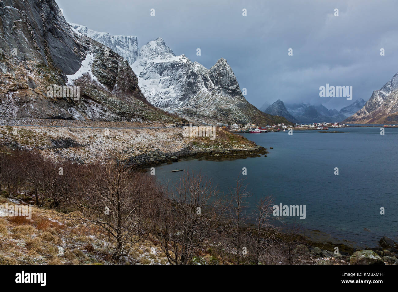 Snowy,rugged mountains along water,Reine,Lofoten,Norway Stock Photo - Alamy