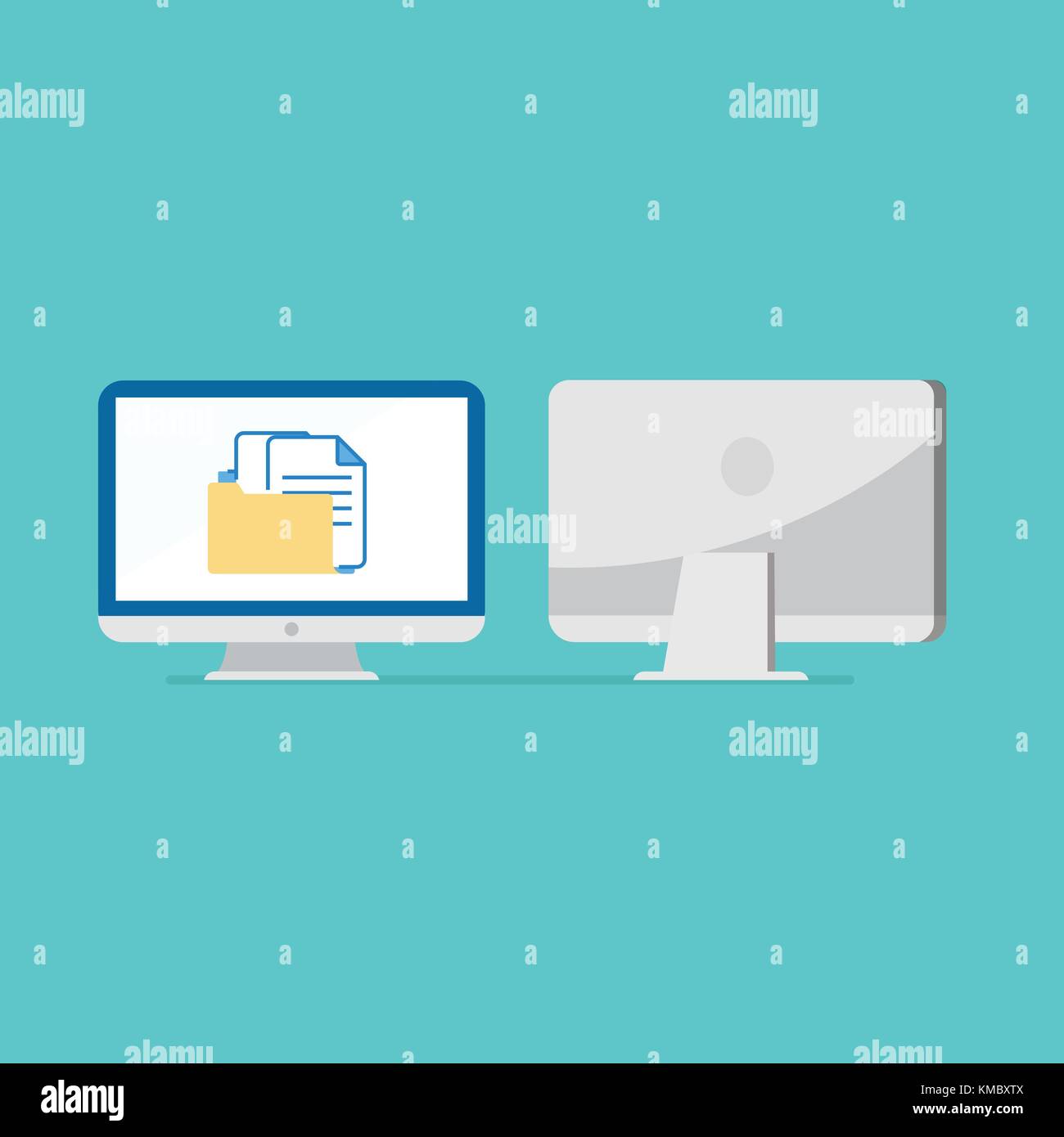 flat computer design with front and back side vector on blue background ...