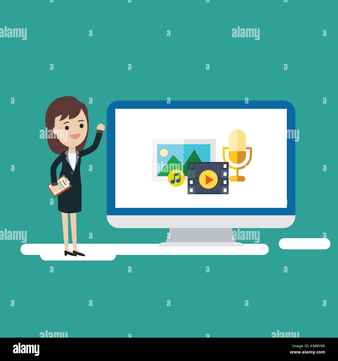 Business woman presenting with computer and media on screen vector ...