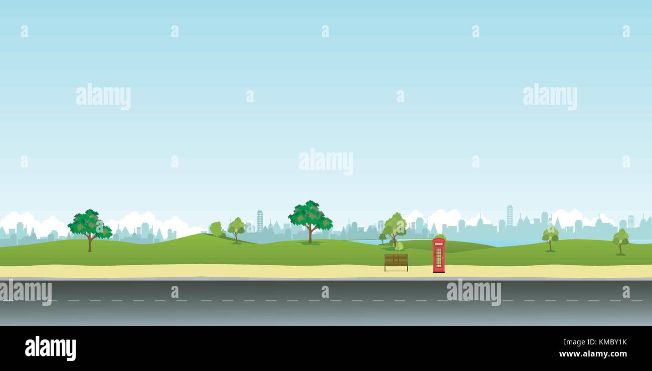 Street in public park with nature landscape and building background ...