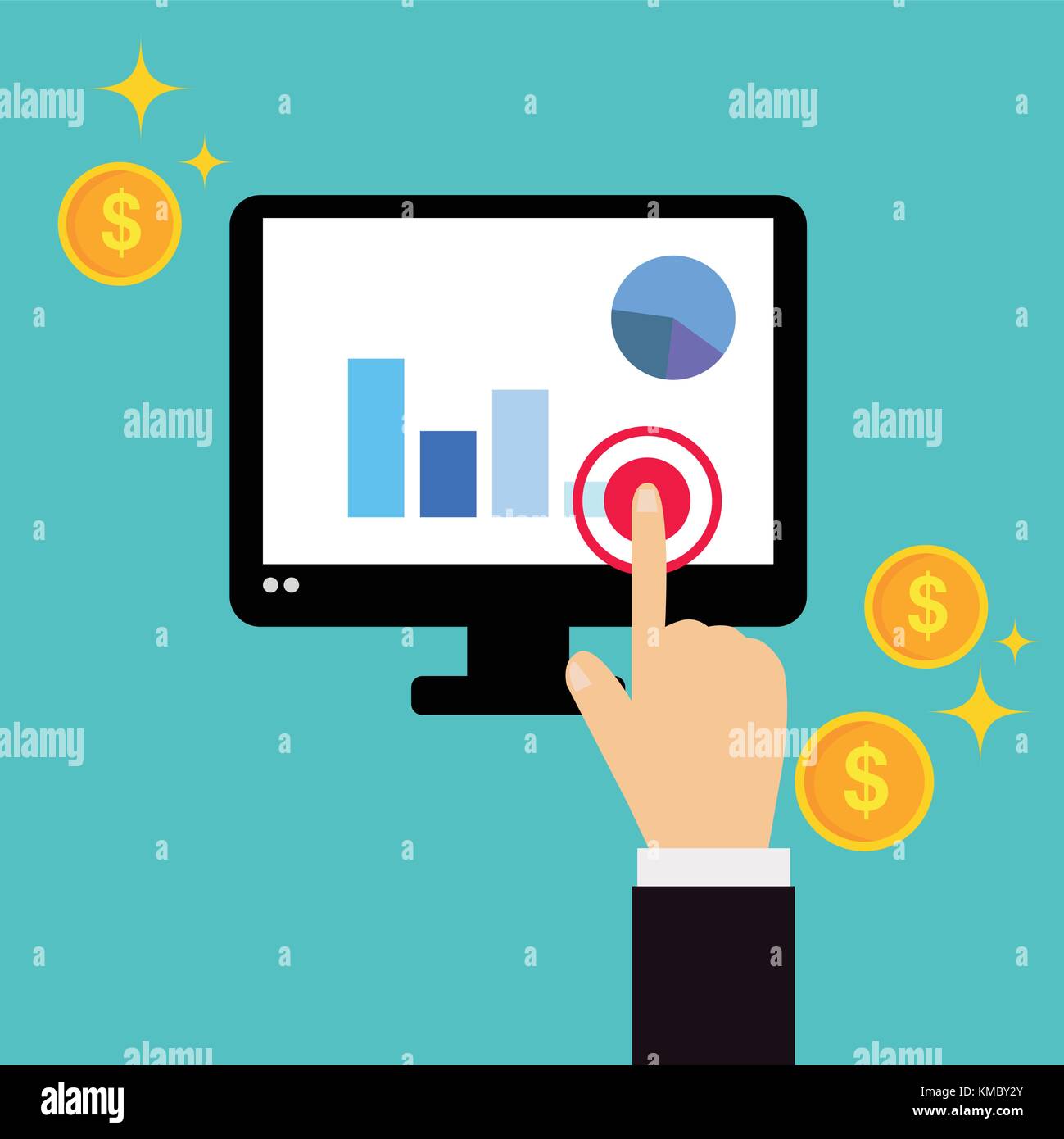 Business hand click on computer screen with business information and ...