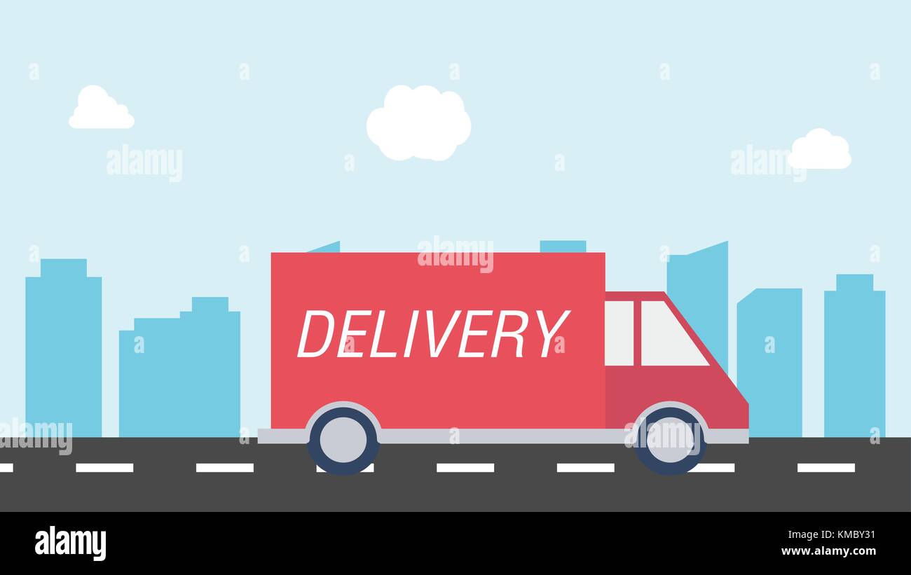 Delivery car on the road with city background vector Stock Vector Image ...