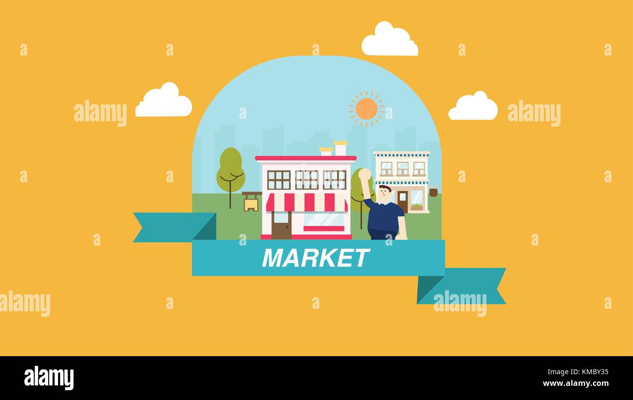 Flat market scene on frame with ribbon and isolated background vector ...