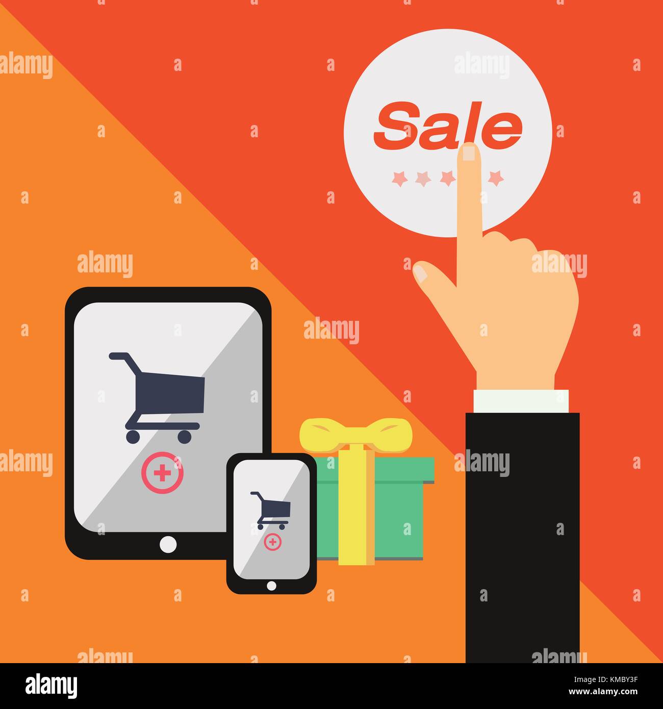 Business hand push on sale label with mobile commerce and orange ...