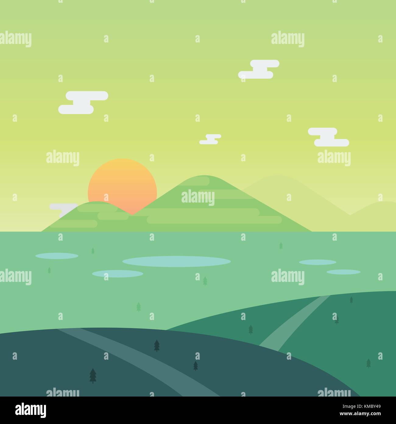 Nature landscape in morning with sun and mountain background vector ...