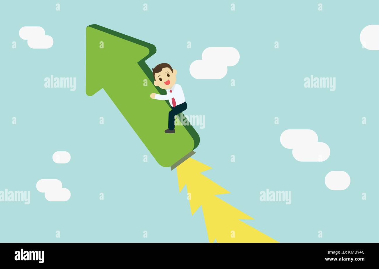 Young businessman riding on raised graph with jet engine on sky ...